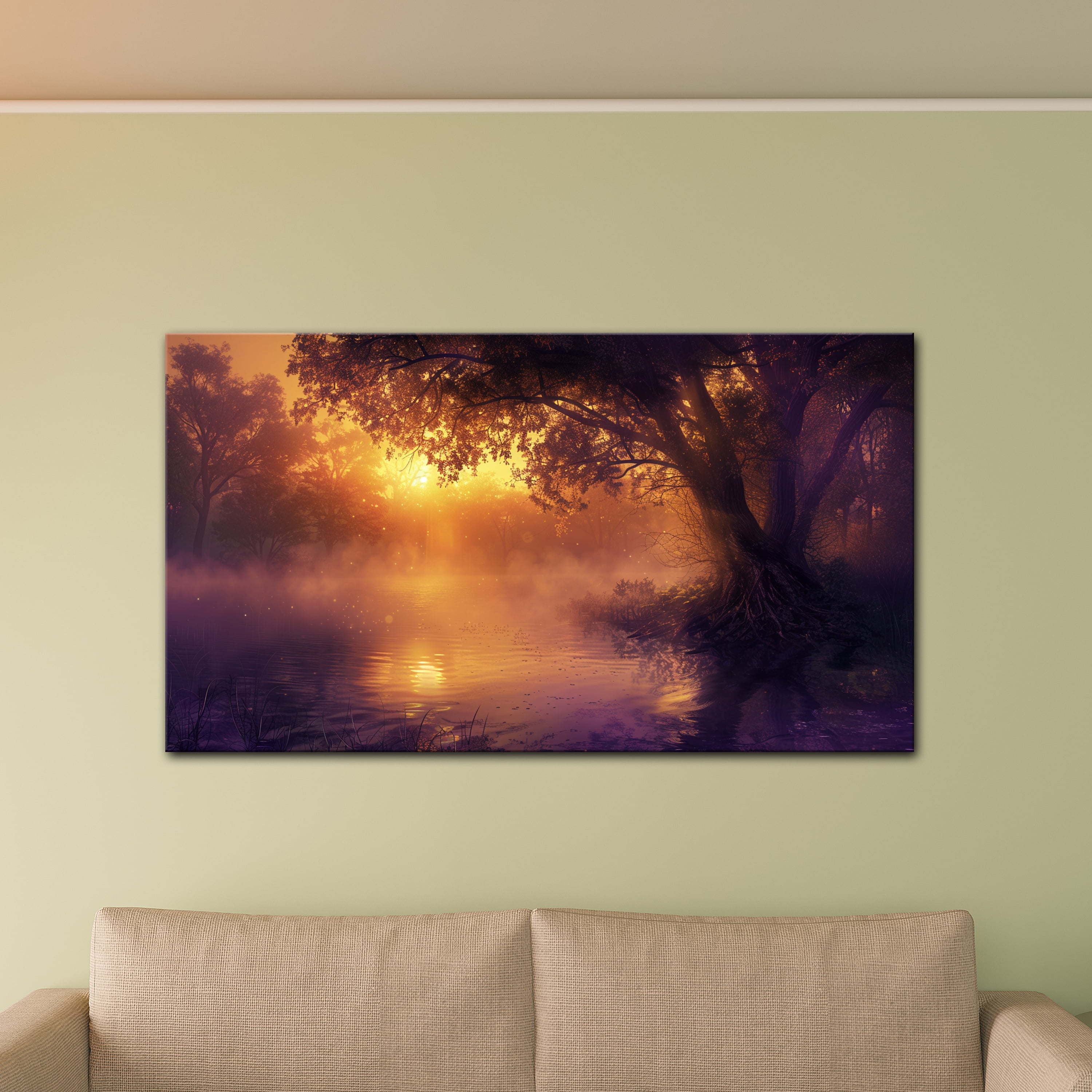 Morning Mist- Golden Light on the Shores of Misty Lake (16 "x24 ...