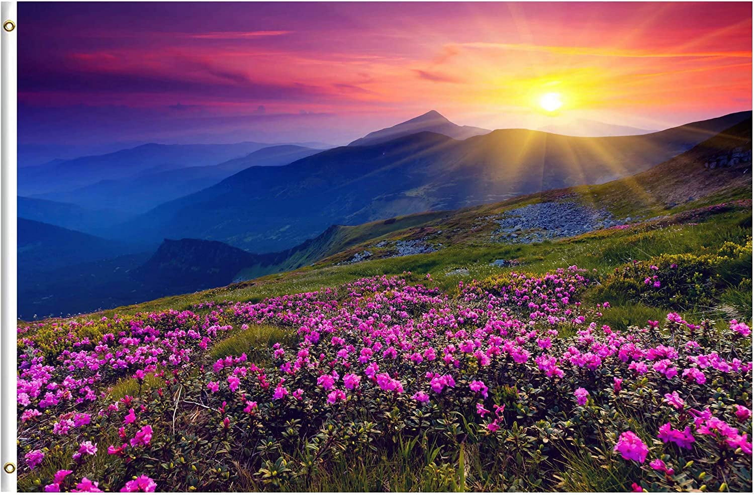 Morning Mountain Landscape with Spring Summer Pink Flower Sunrise Flag ...