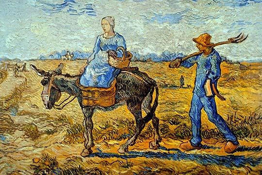 Morning with farmer and pitchfork; his wife riding a donkey and ...