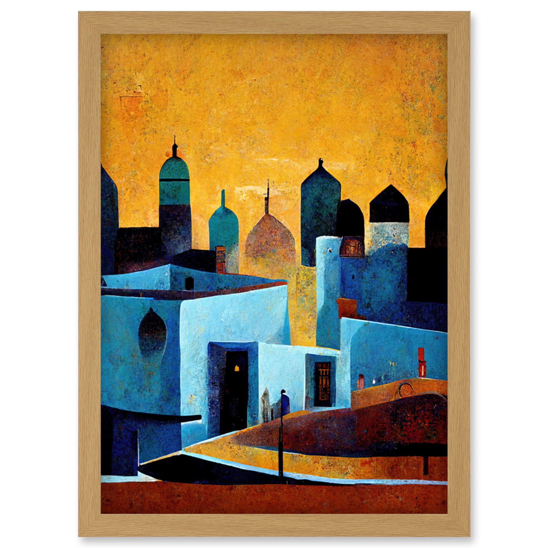Moroccan African Cityscape Modern Blue Yellow Artwork Framed Wall Art ...
