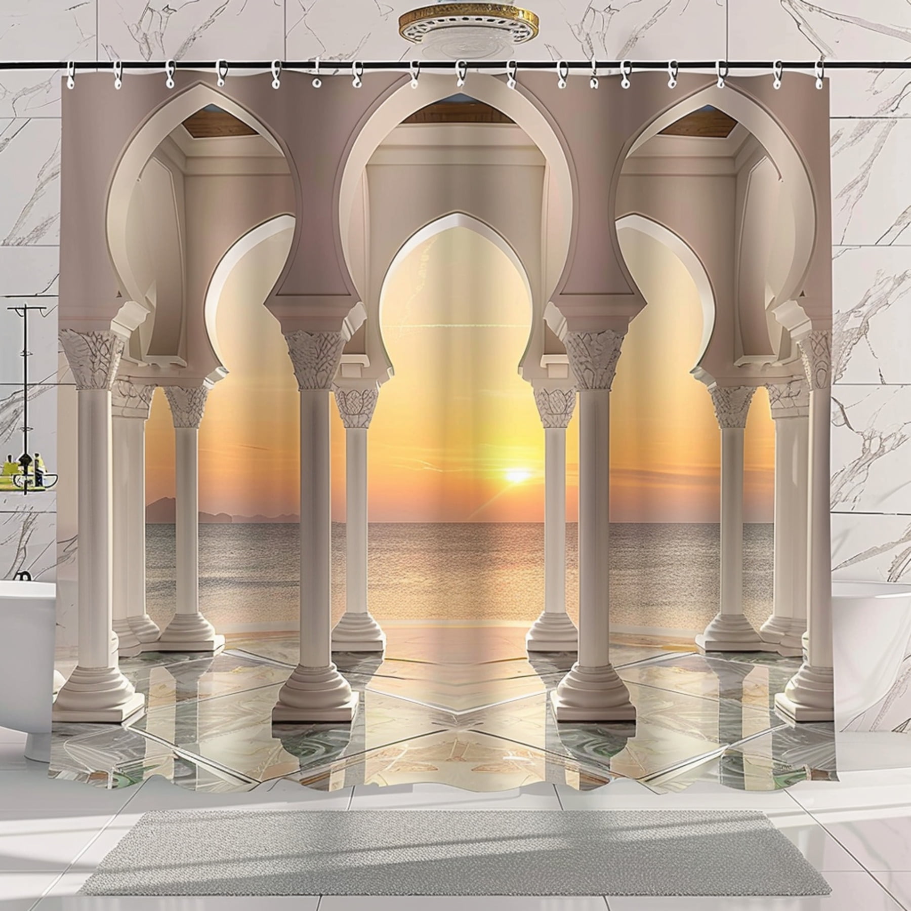 Moroccan Arch & Column Sunset Shower Curtain White Marble Floor Tile ...