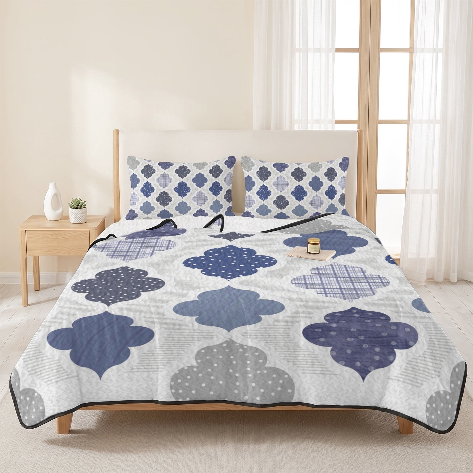 Moroccan Blue Gray Geometric 3 Pieces Quilt Set,1 Quilt with 2 Shams ...