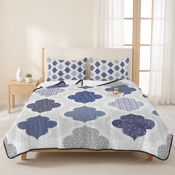 Moroccan Blue Gray Geometric 3 Pieces Quilt Set,1 Quilt with 2 Shams ...
