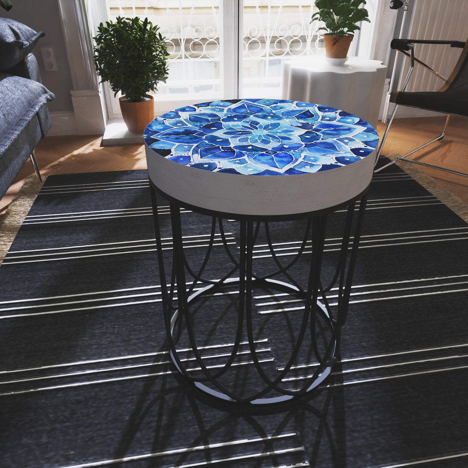 Moroccan Blue Tiles Accent Table | Farmhouse Style Round End Table ...