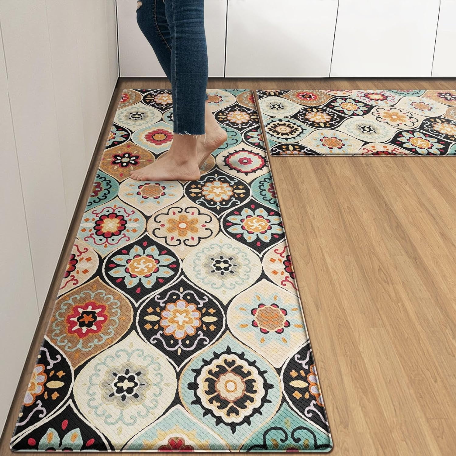Moroccan Boho Anti-Fatigue Kitchen Rug Set of 2 Teal Floral Farmhouse ...