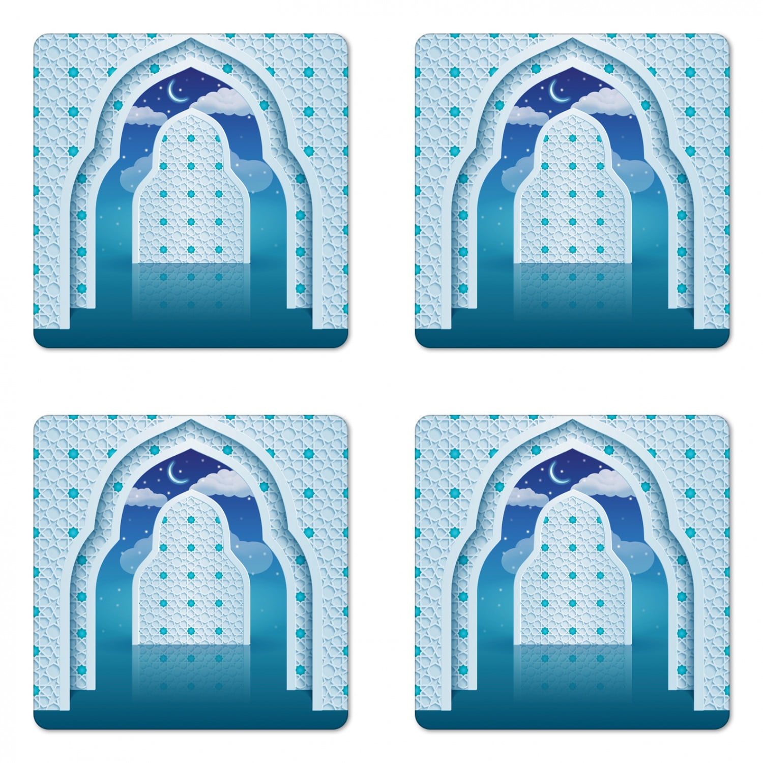 Moroccan Coaster Set of 4, Eastern Words Textured Arch Door with Cloudy ...