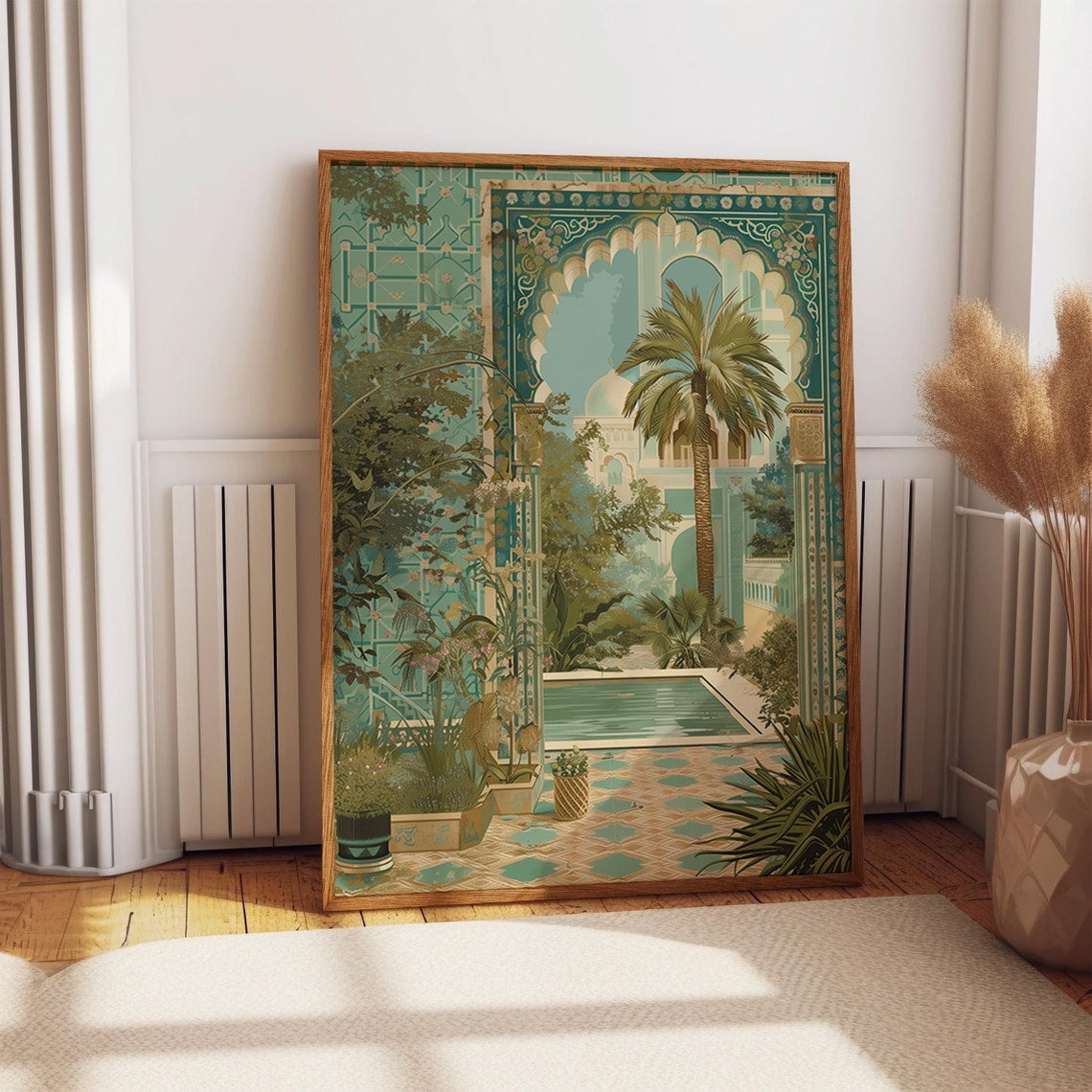 Moroccan Courtyard And Pool Wall Art - Arabic Garden Arches And Palm Trees Wall Decor - Islamic ...