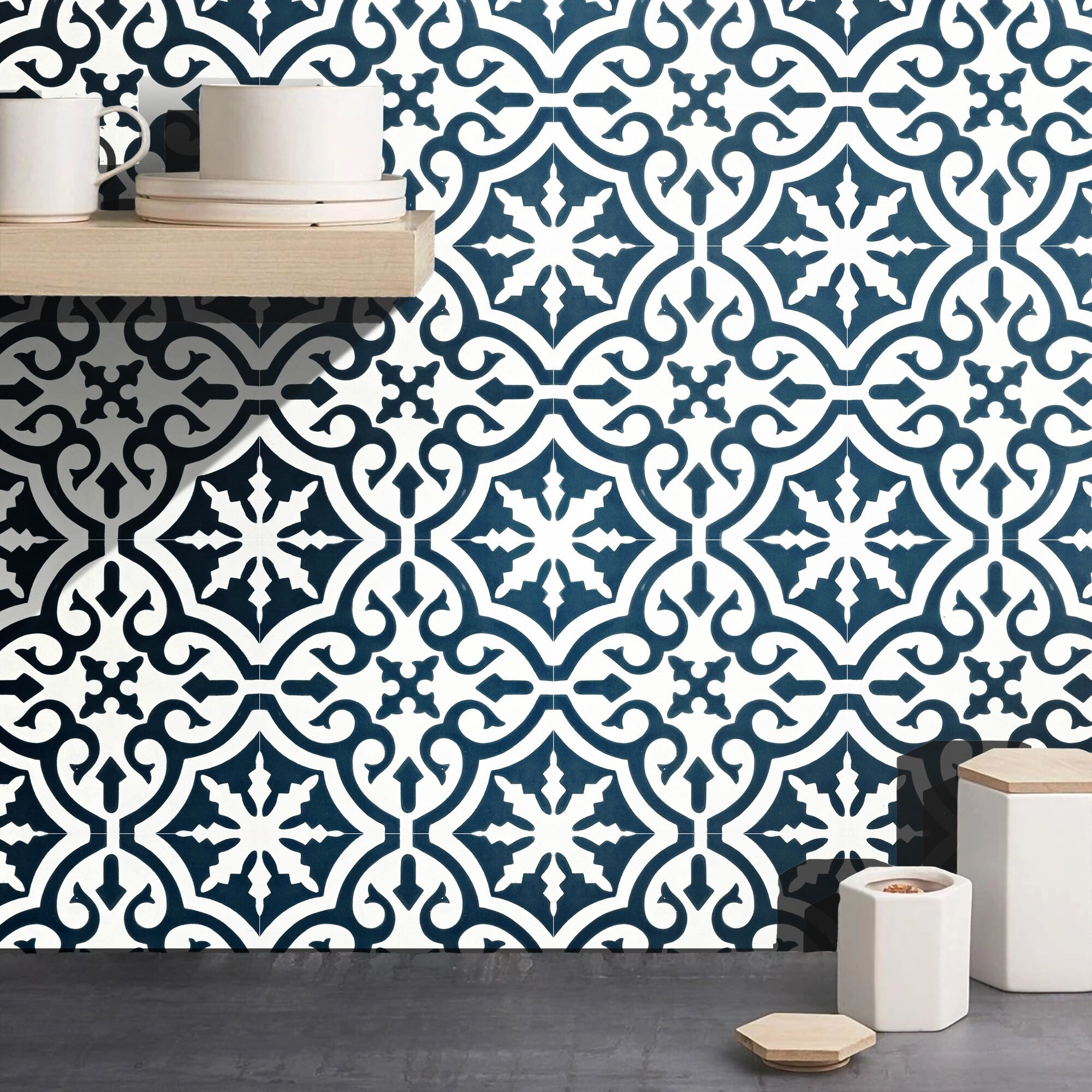 Moroccan Craft Masters Moroccan Handmade Cement Tile Mamounia Navy Blue ...