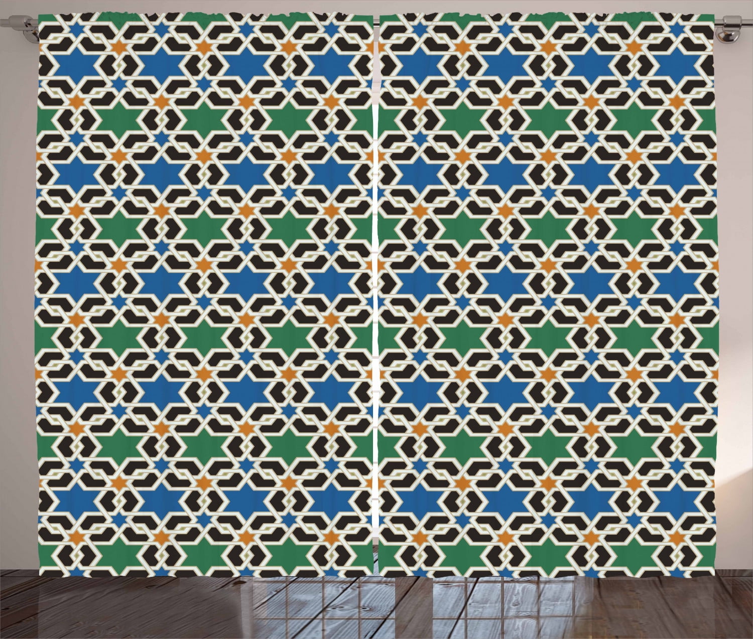 Ambesonne Moroccan Curtains 2 Panel Set, Hexagon Stars Pattern, 108" x 90", Green Blue Black ...