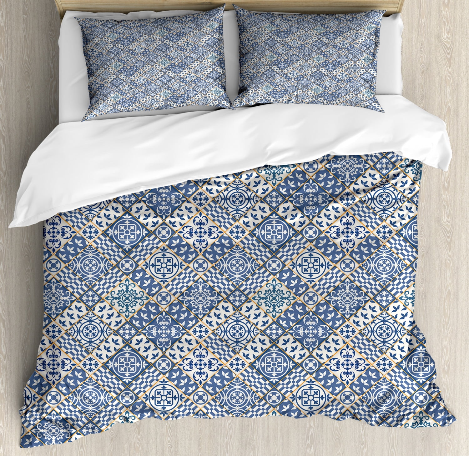 Moroccan Duvet Cover Set King Size, Squares and Rectangles Oriental ...