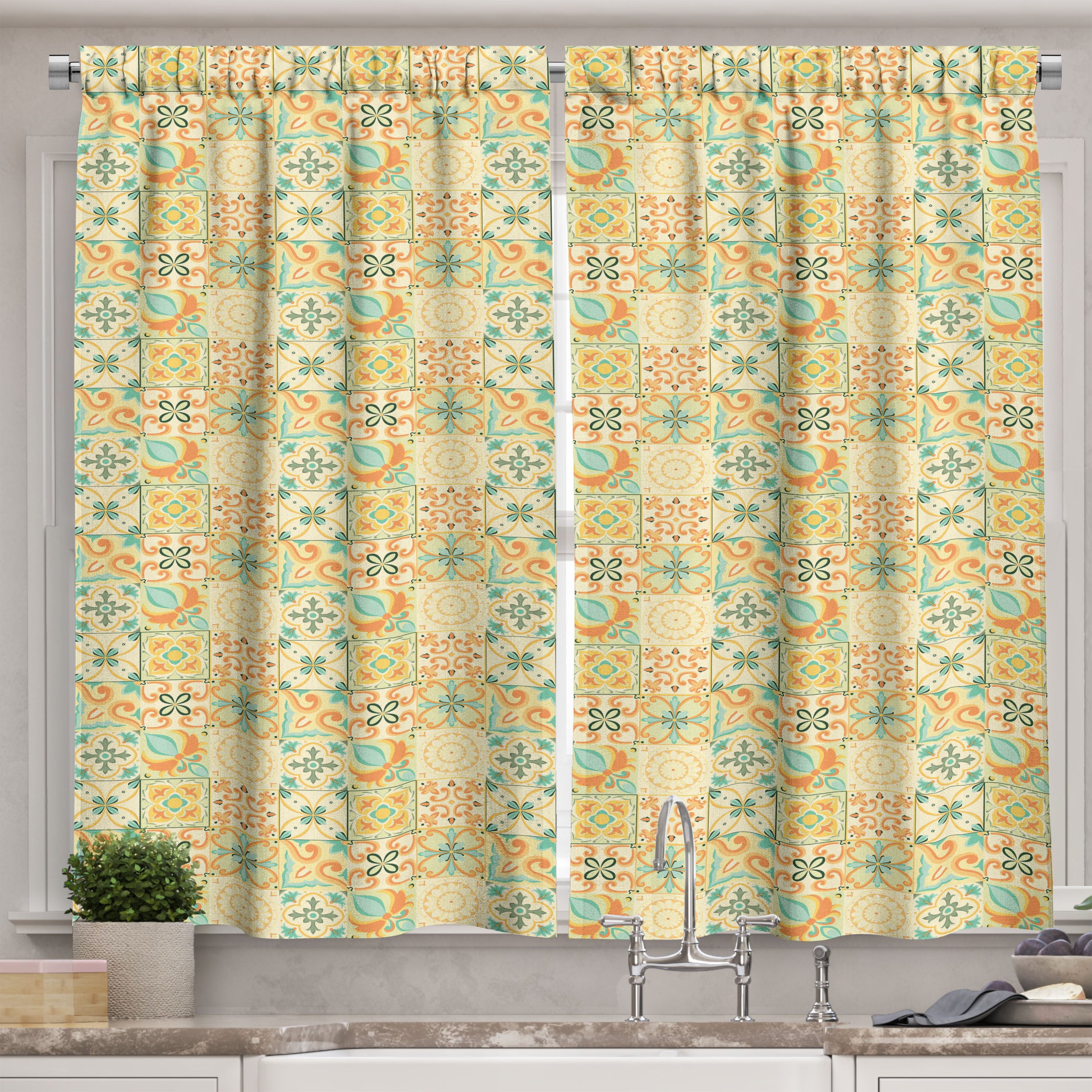 Moroccan Kitchen Curtains, Pale Italian Style Curly Flowers in Squares ...