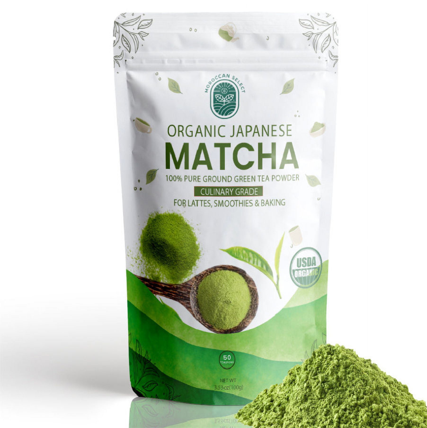 Moroccan Select Pure Organic Matcha Green Tea Powder, 3.5 Ounce Pouch ...