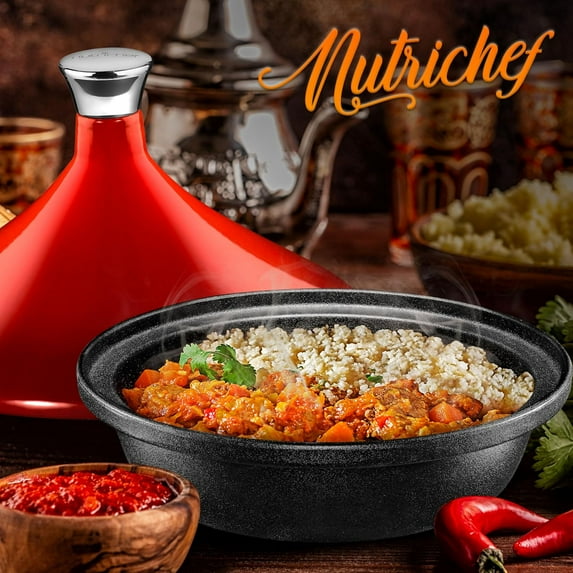 Moroccan Tagine Pot with Red Porcelain Enameled Lid - Cast Iron Cooking ...