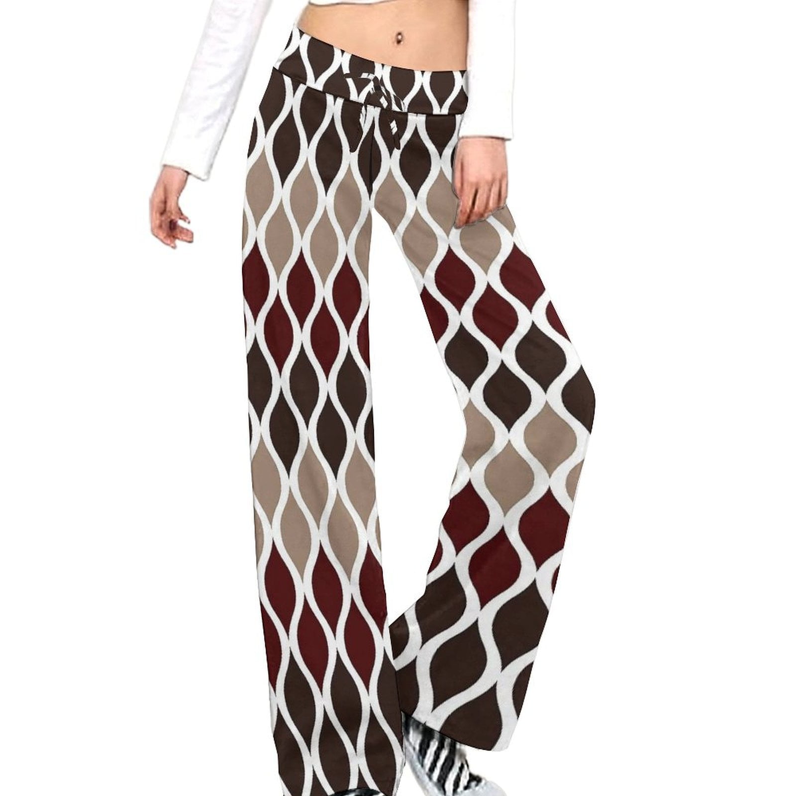 Moroccan Texture Wave Geometry Dark Red Brown Womens Trouser Ladies Casual Pants Loose Leg Waist ...
