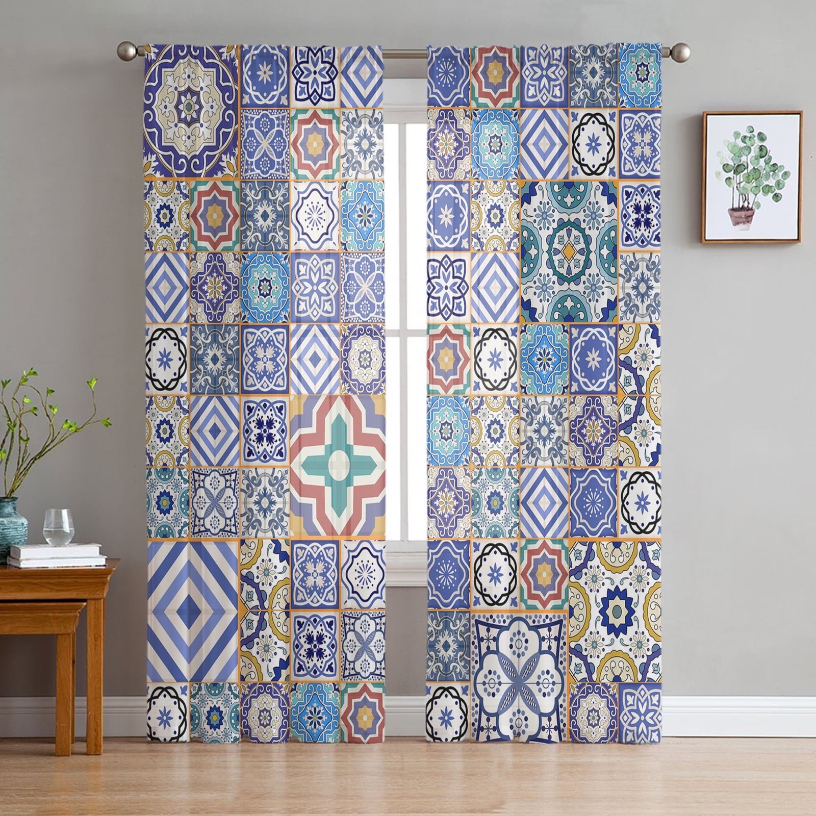 Moroccan Tiles Colorful Arabesque Tulle Sheer Window Curtains for ...