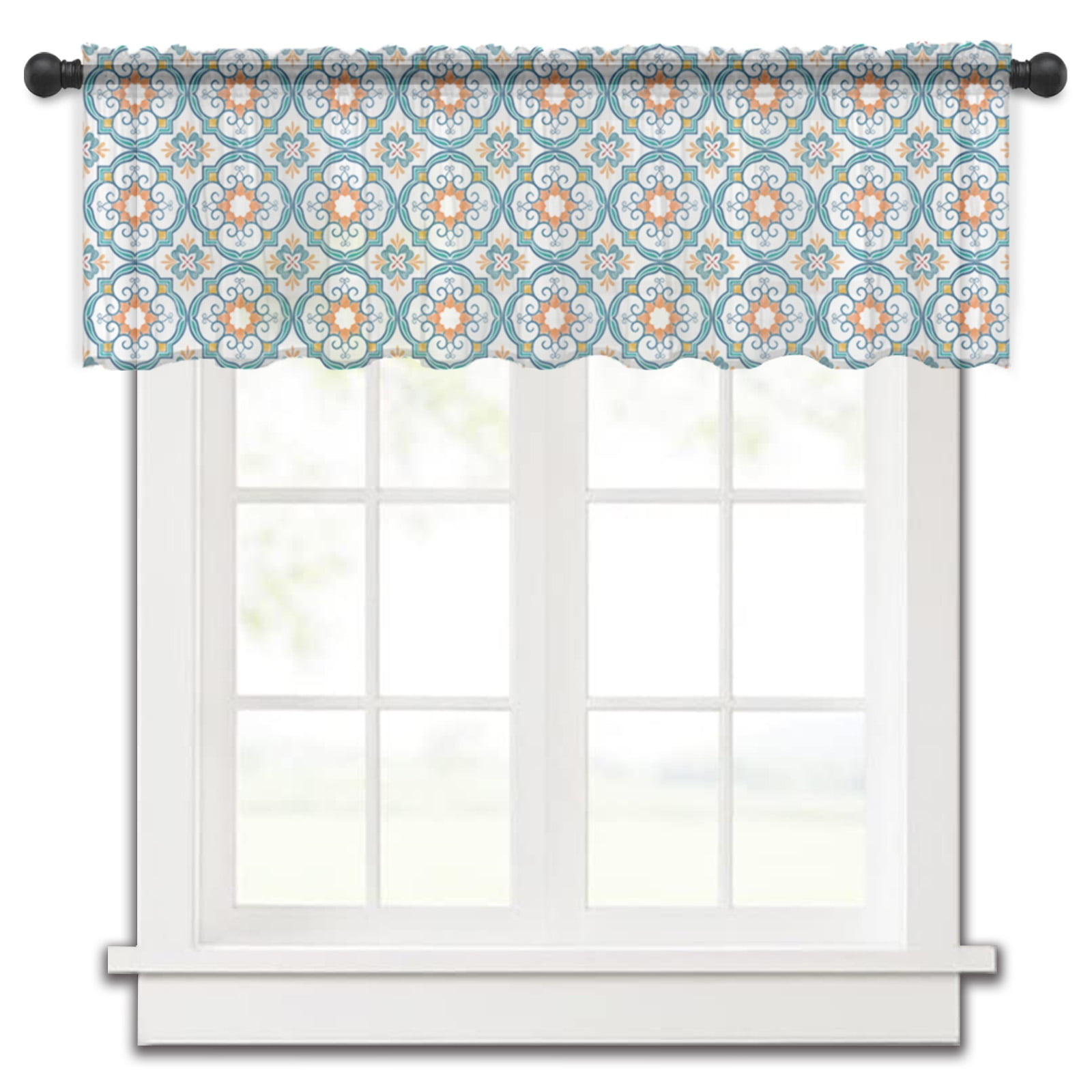 Moroccan Tiles Pattern Colorful Kitchen Small Curtain Tulle Sheer Short ...