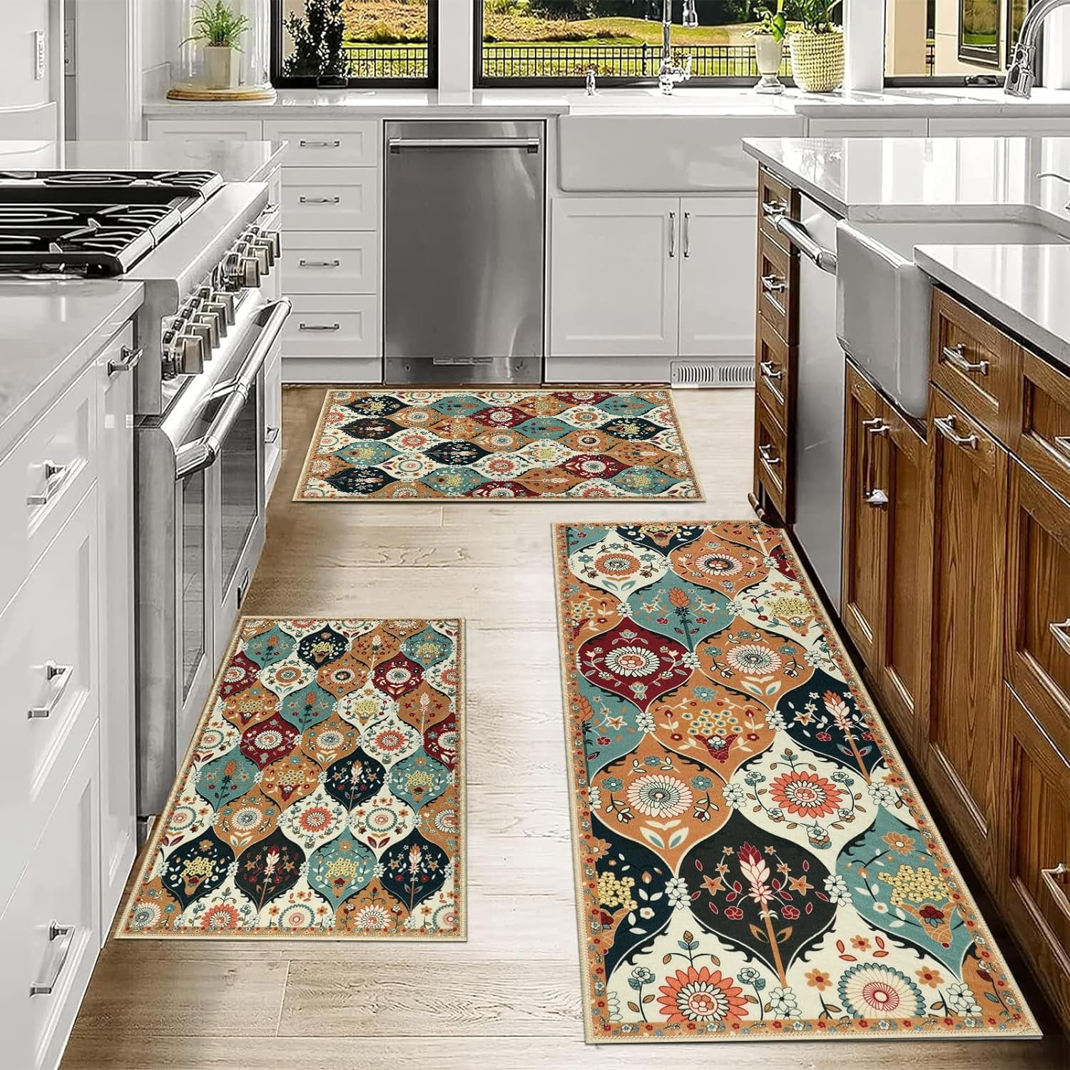 Moroccan Trellis Kitchen Rug Sets of 3 Non Slip Kitchen Mats for Floor ...