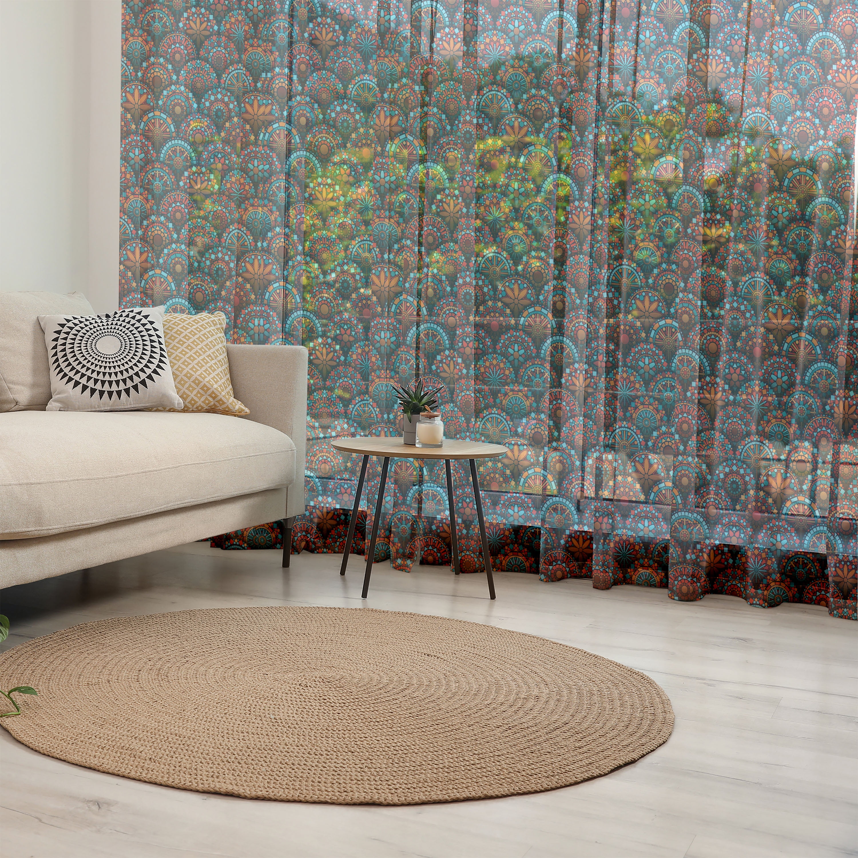 Moroccan Tulle Curtains with Rod Pocket, Circles Pattern Mandala ...