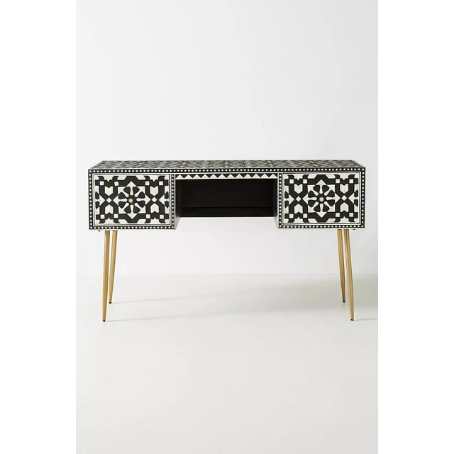 Handcrafted Moroccan Inlay Desk, Black Bone Inlay Console with Storage ...