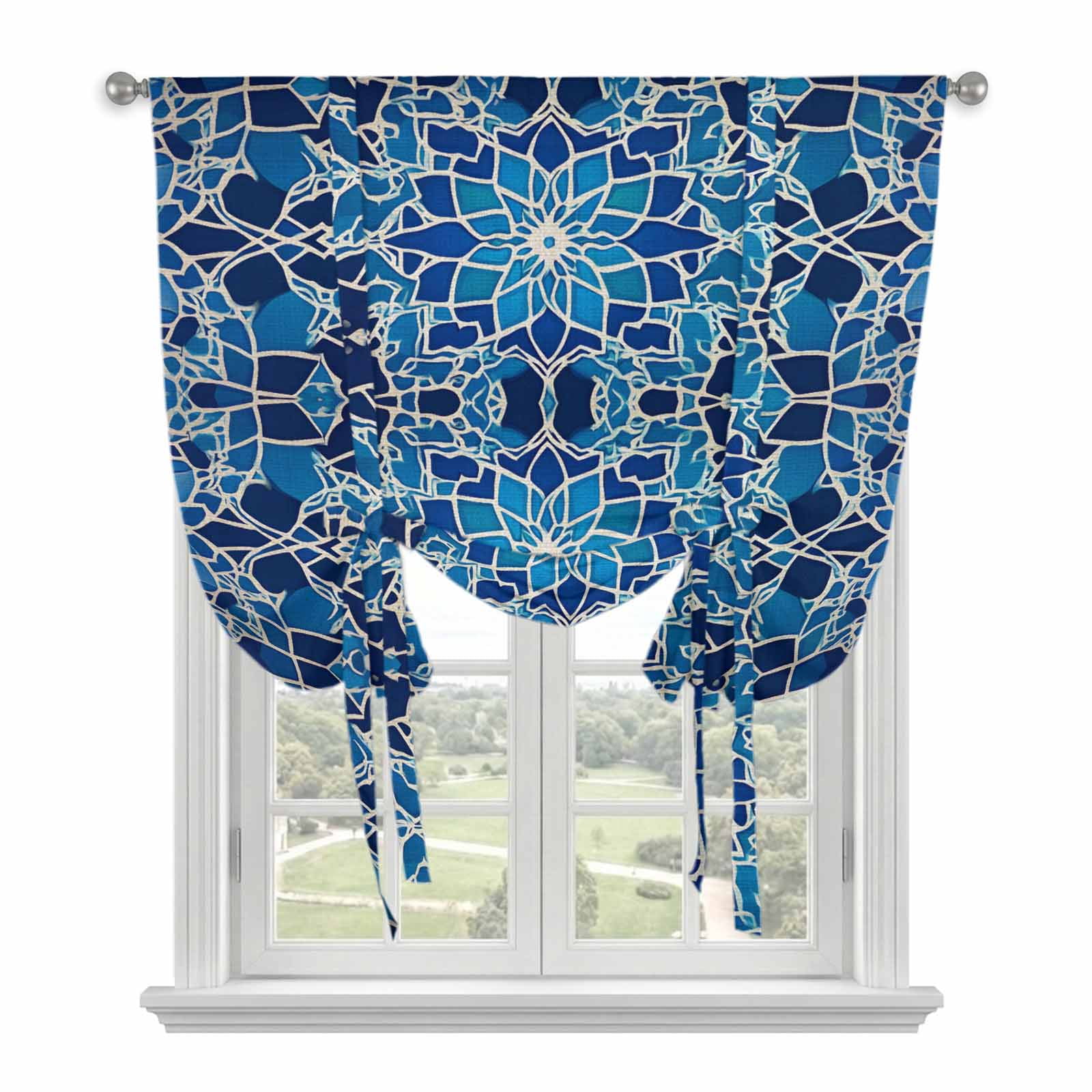 Morocco Blue Floral Pattern Tie Up Curtains, Vintage Tribal Ethnic Blue ...