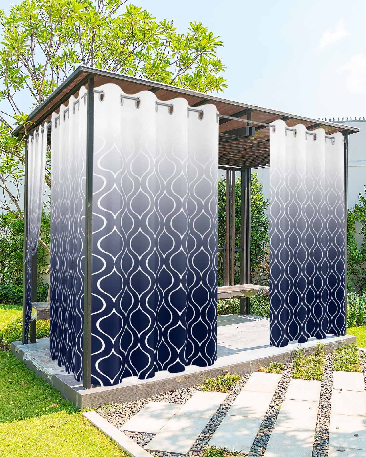 Morocco Blue Gradient Outdoor Curtains for Patio, Geometric Modern ...