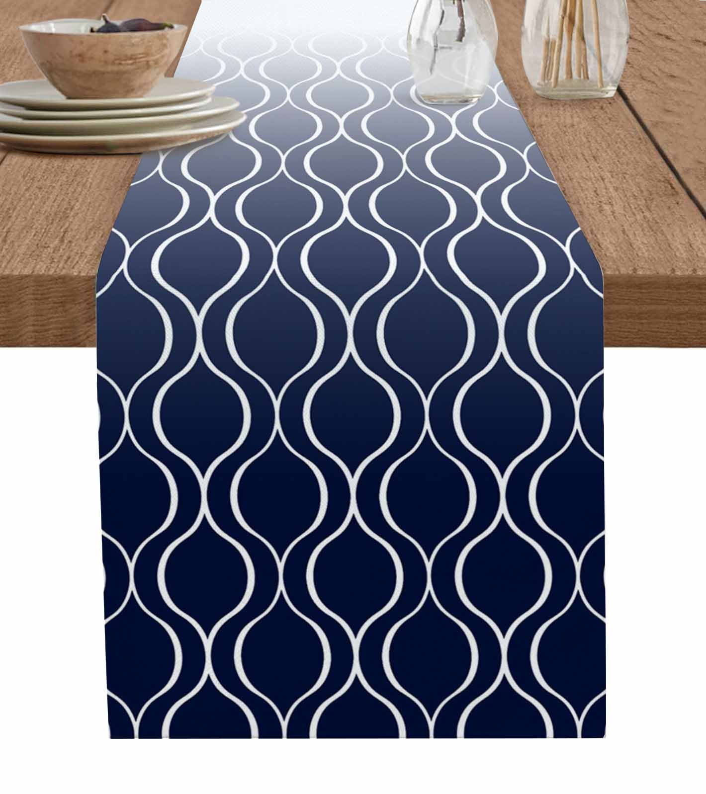 Morocco Blue Table Runner 70 Inches, Gradient Geometric Plaid Modern Lattice Bed Runner Dresser ...