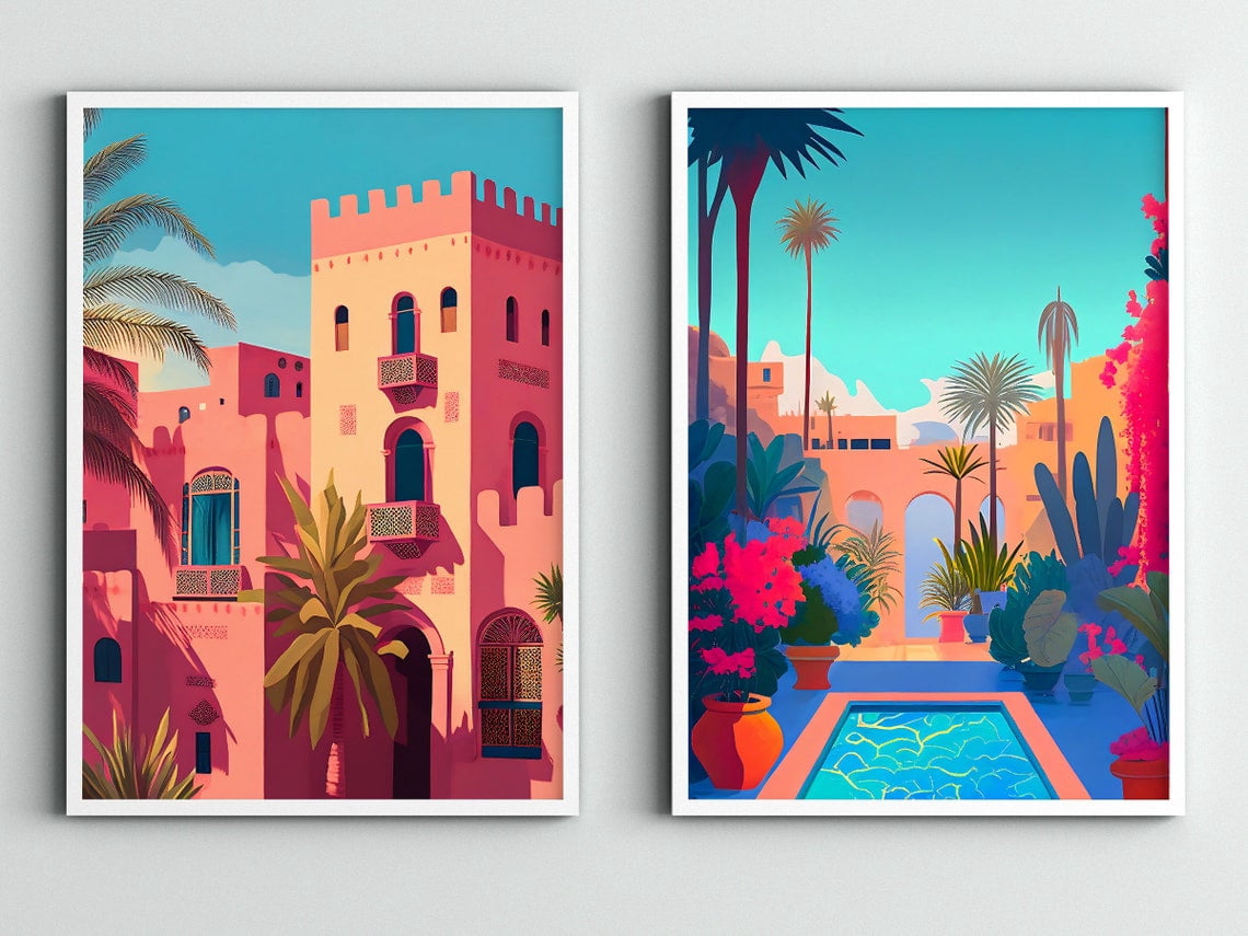 Morocco Illustration Kasbah Marrakech Home Decor Pink Buildings Set 2 ...