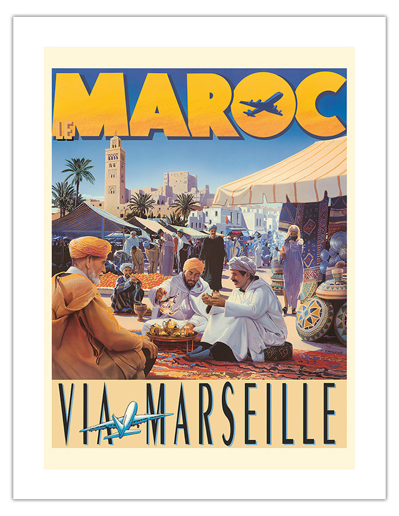Morocco (Le Maroc) Via Marseille France - Vintage Airline Travel Poster ...