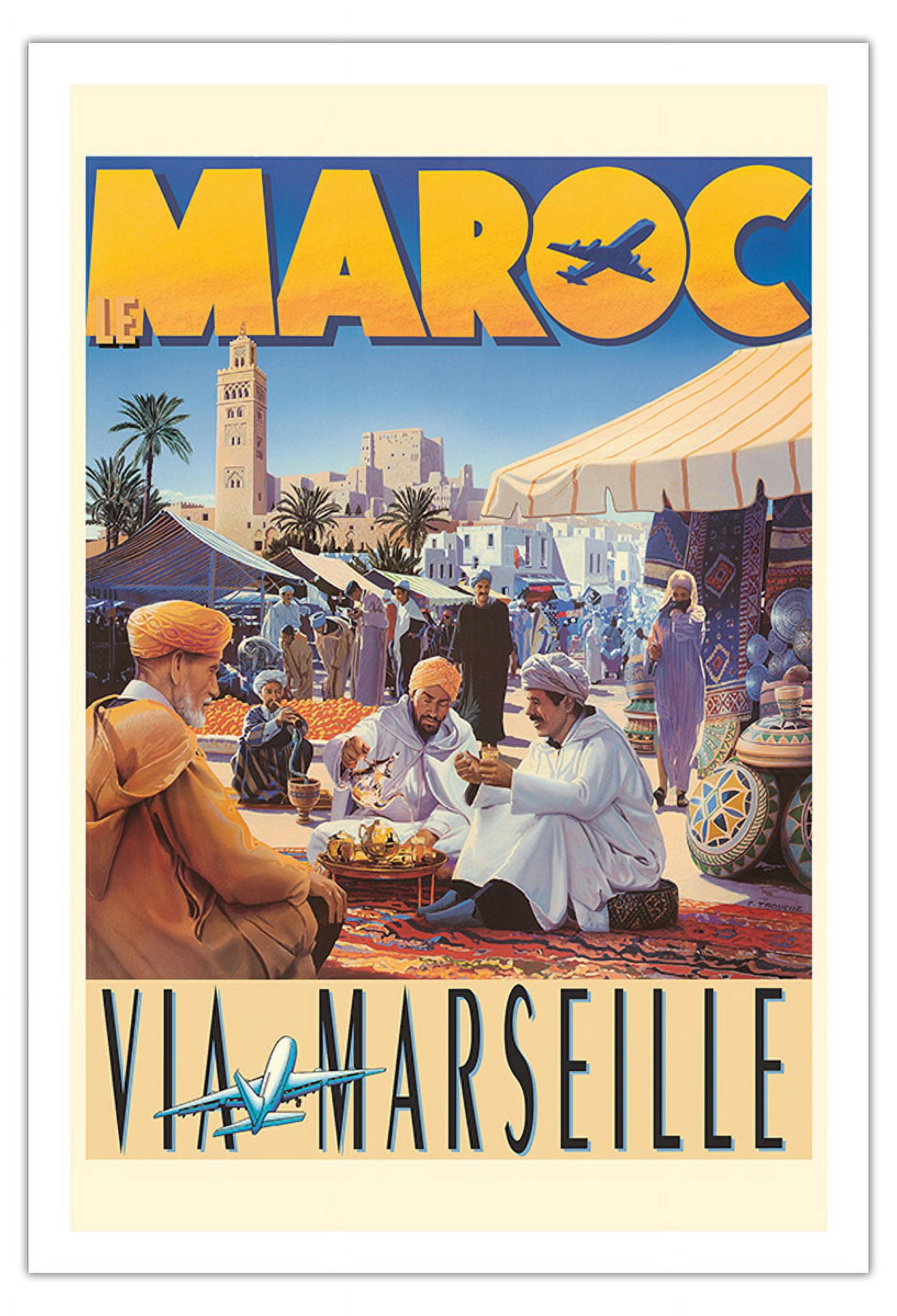 Morocco (Le Maroc) Via Marseille France - Vintage Airline Travel Poster ...