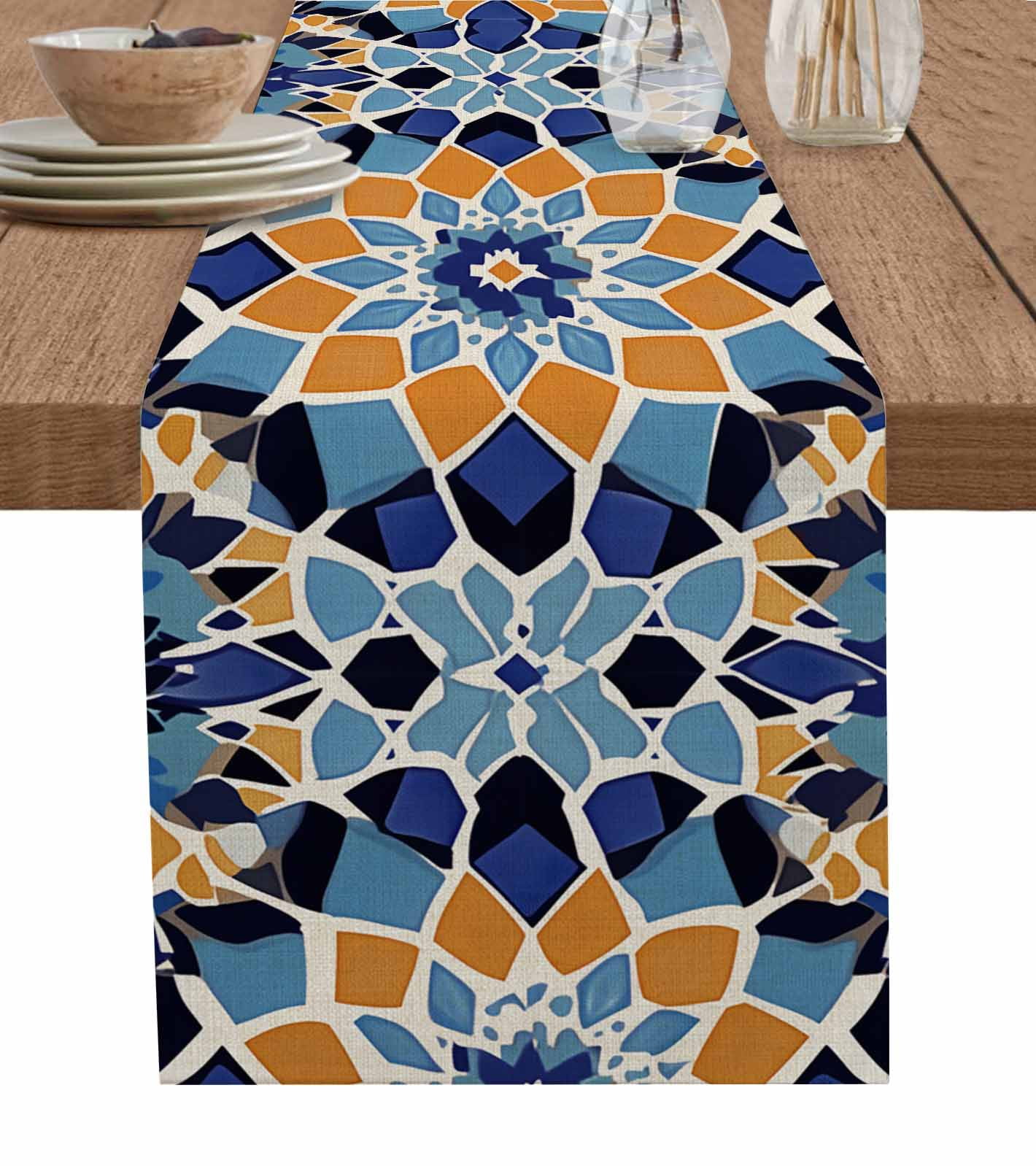 Morocco Orange Burlap Cotton Table Runner 13x72 Inches Long, Blue Boho ...
