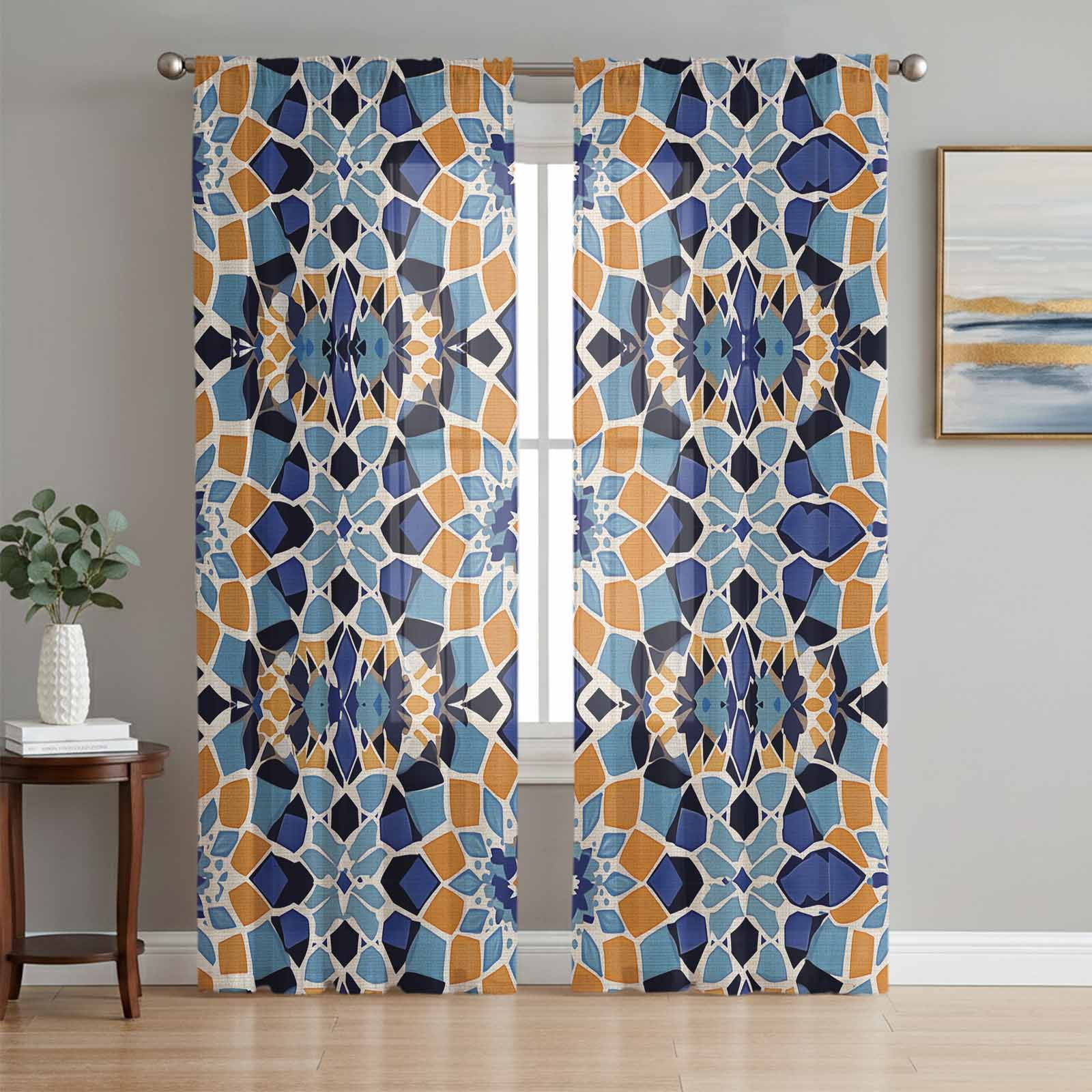 Morocco Orange Sheer Curtains 96 Inch Length 2 Panels Set, Blue Boho ...