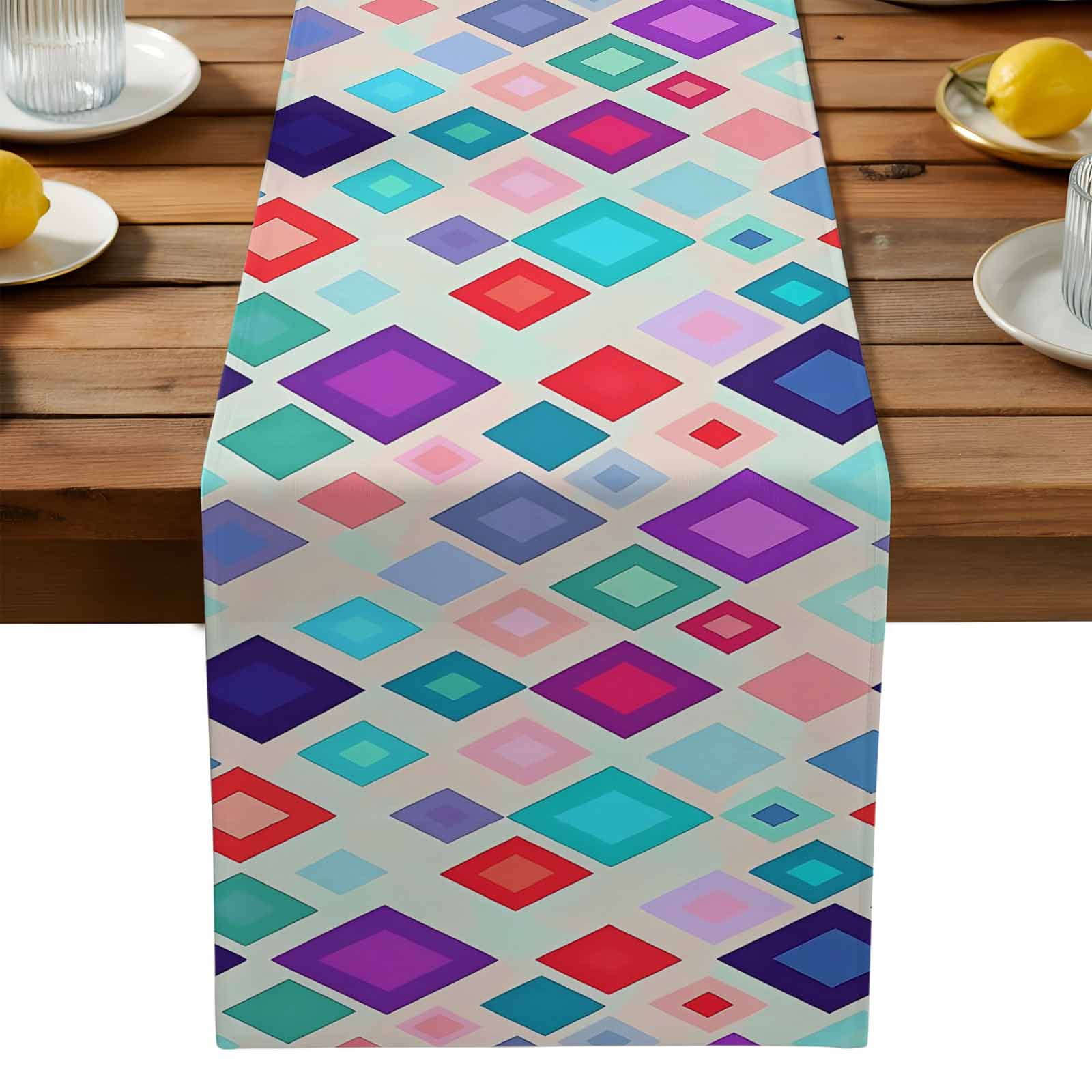Morocco Table Runner, Colorful Abstract Lattice Check Geometric Plaid ...
