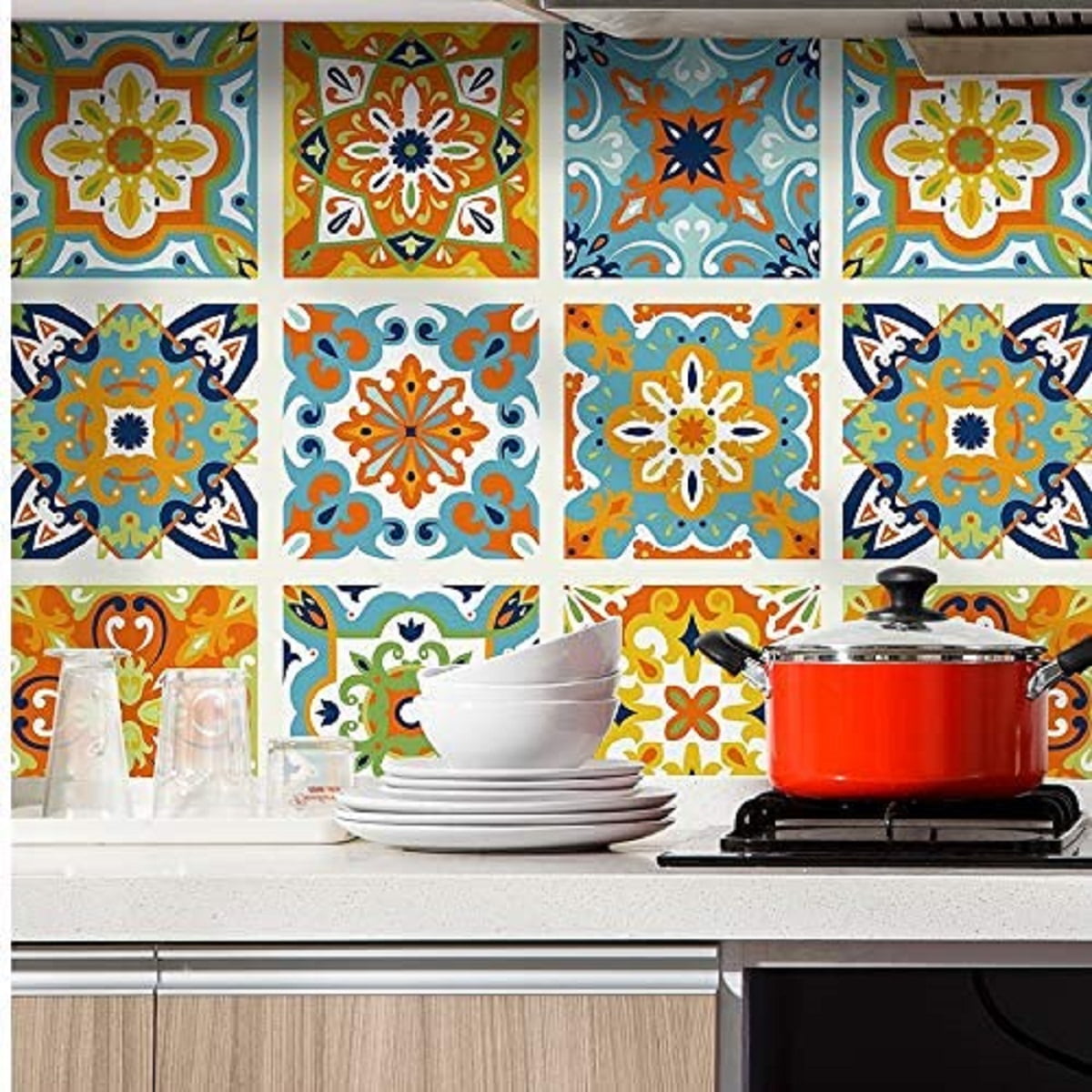 Morocco Tiles Peel and Stick Wallpaper Removable Orange/Blue/White ...