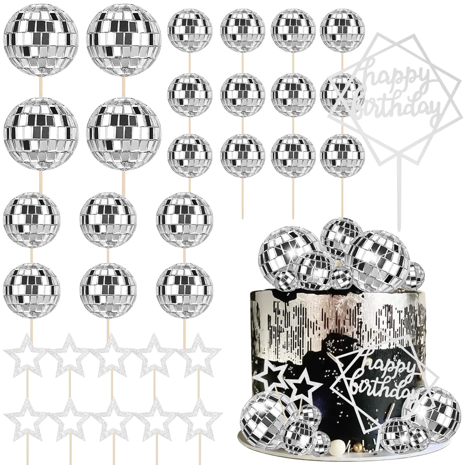 Morofme Disco BallsTRDN Cake Decorations Silver Disco Ball Cake 33pcs ...