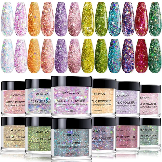 Morovan 12 Colors Acrylic Powder Set Glitter Professional Polymer ...