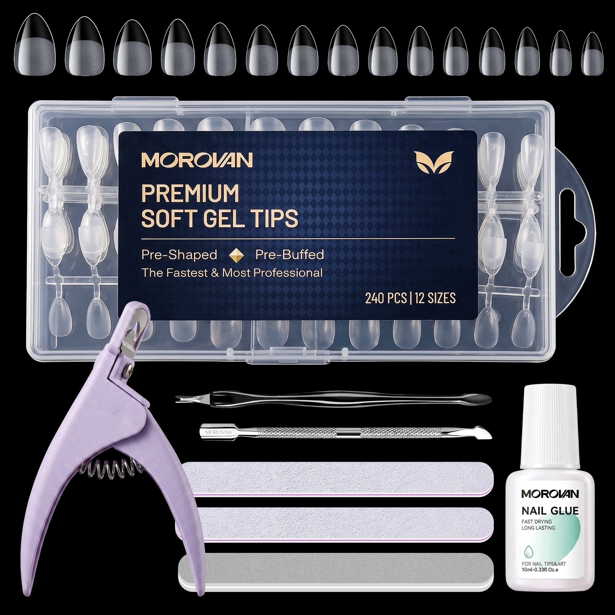 Morovan 240Pcs Almond Nail Tips with Quick-Dry Glue, Cuticle Pusher ...