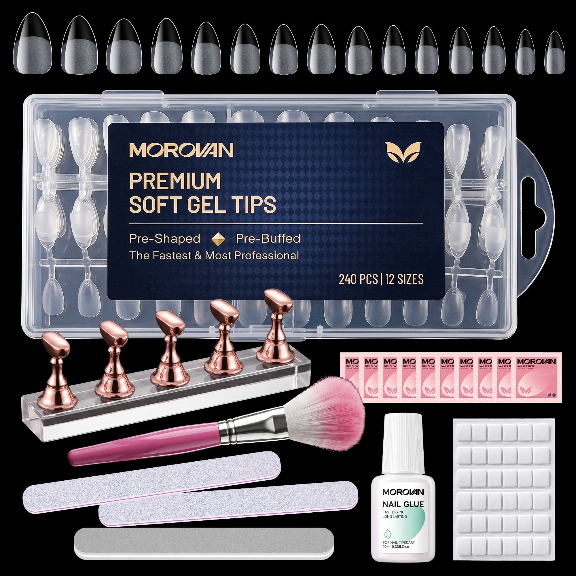 Morovan 240Pcs Short Almond Nail Tips with Glue, Nail Stand, Adhesive ...