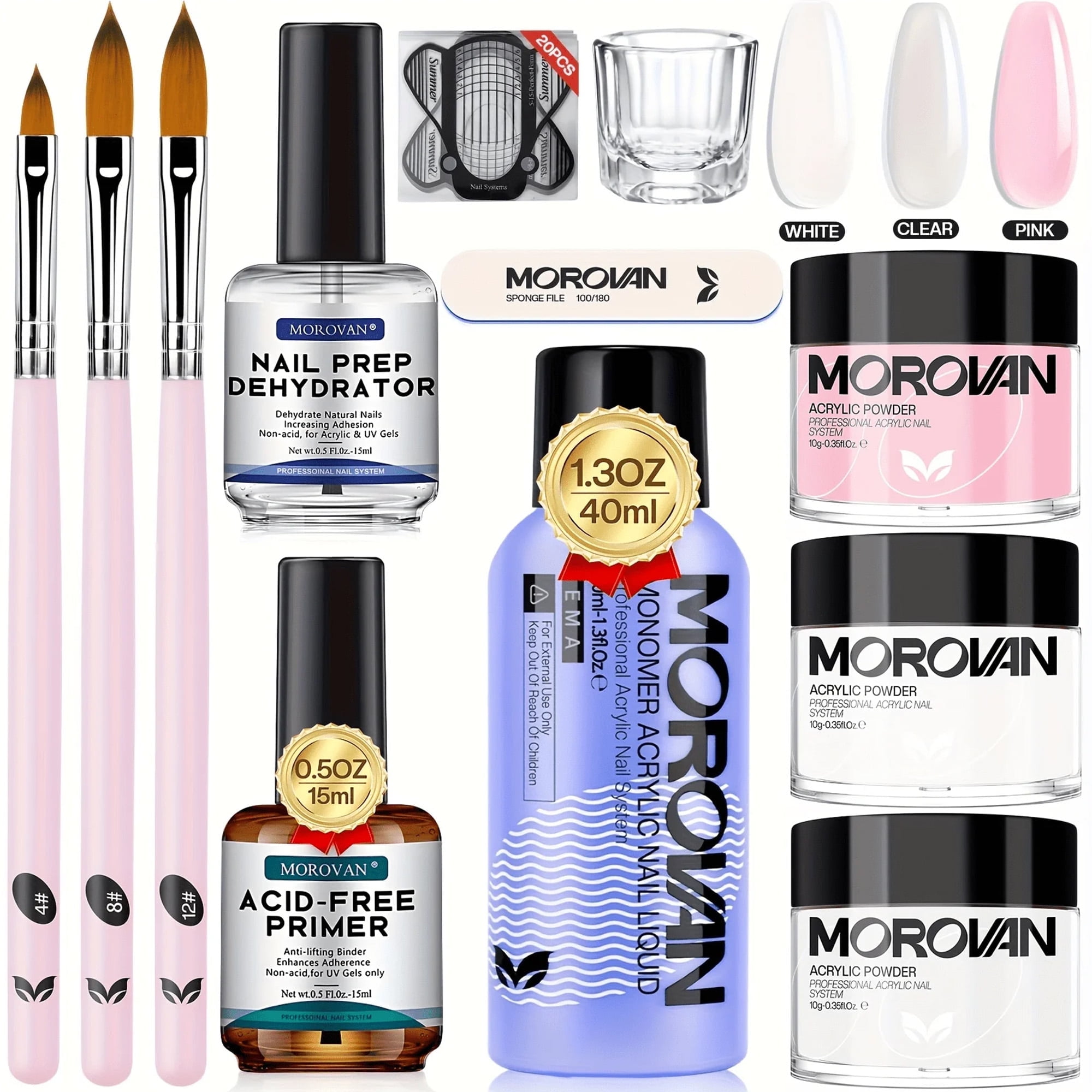 Morovan Acrylic Nail Kit: Clear Pink White Powder and Professional ...