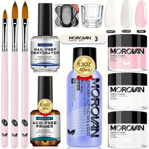 Morovan Acrylic Nail Kit: Clear Pink White Powder and Professional ...