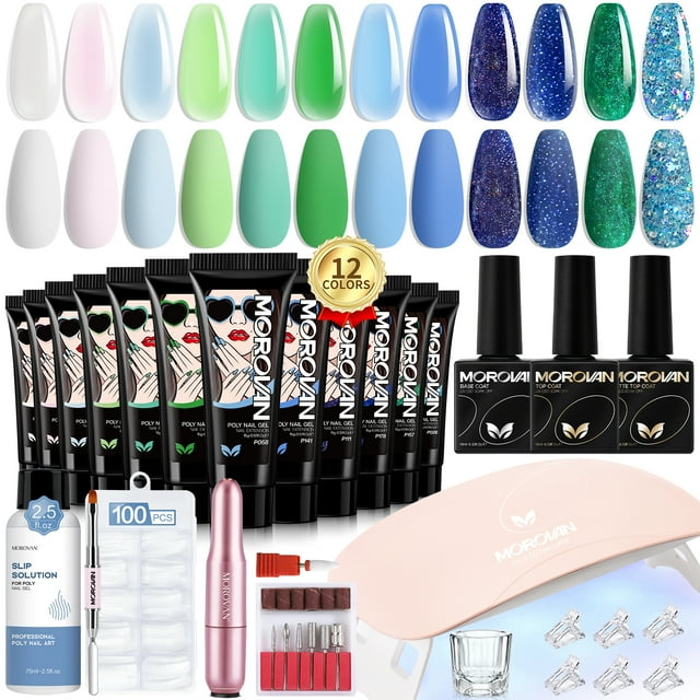 Morovan Poly Gel Starter Kit: 12-color Poly nail gel, with U-V light ...