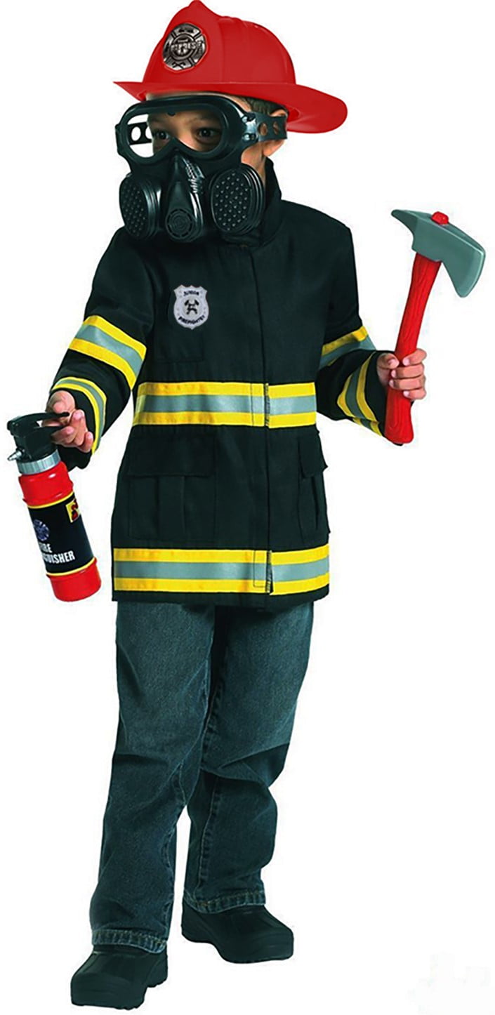 Morph Boys Fireman Costume, Black Firefighter Outfit, Helmet, Mask ...