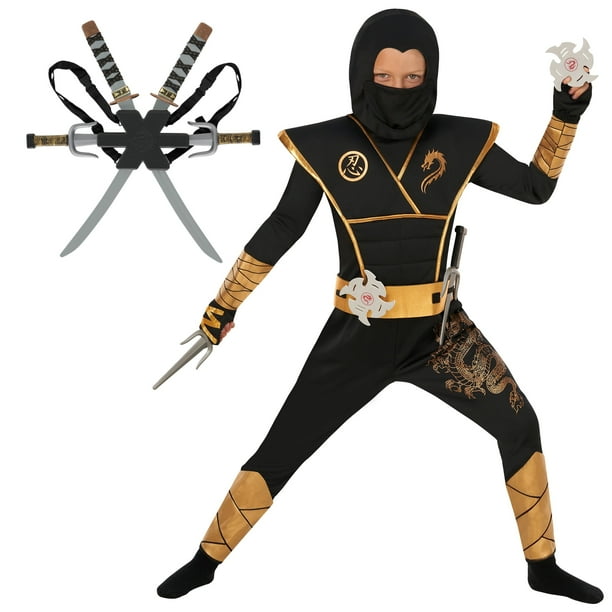 Morph Kids Deluxe Black Gold Ninja Costume Boys Girls Warrior Halloween Retirement Gold M ...