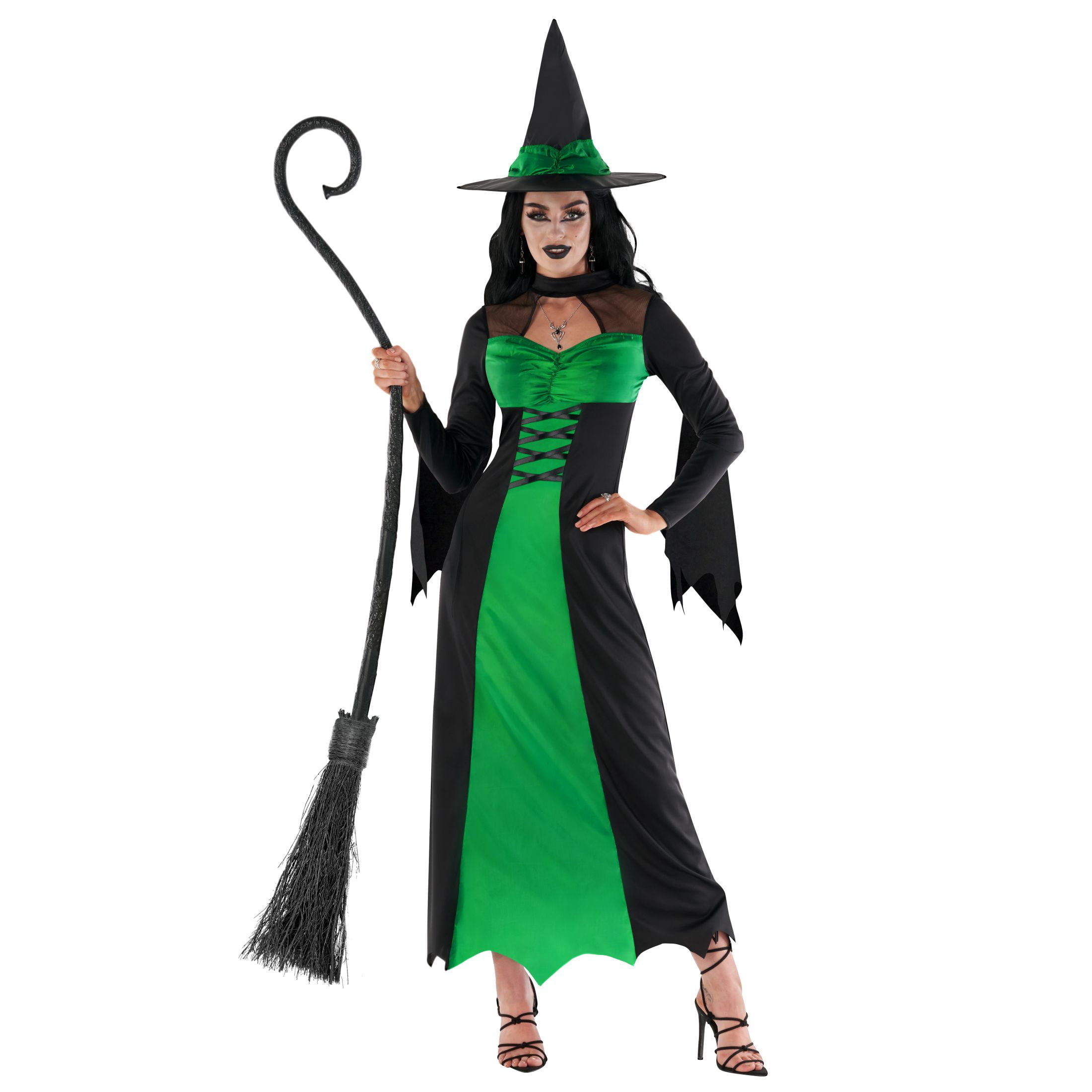 Morph Womens Long Green Witch Costume & Hat Ladies Wicked Halloween ...