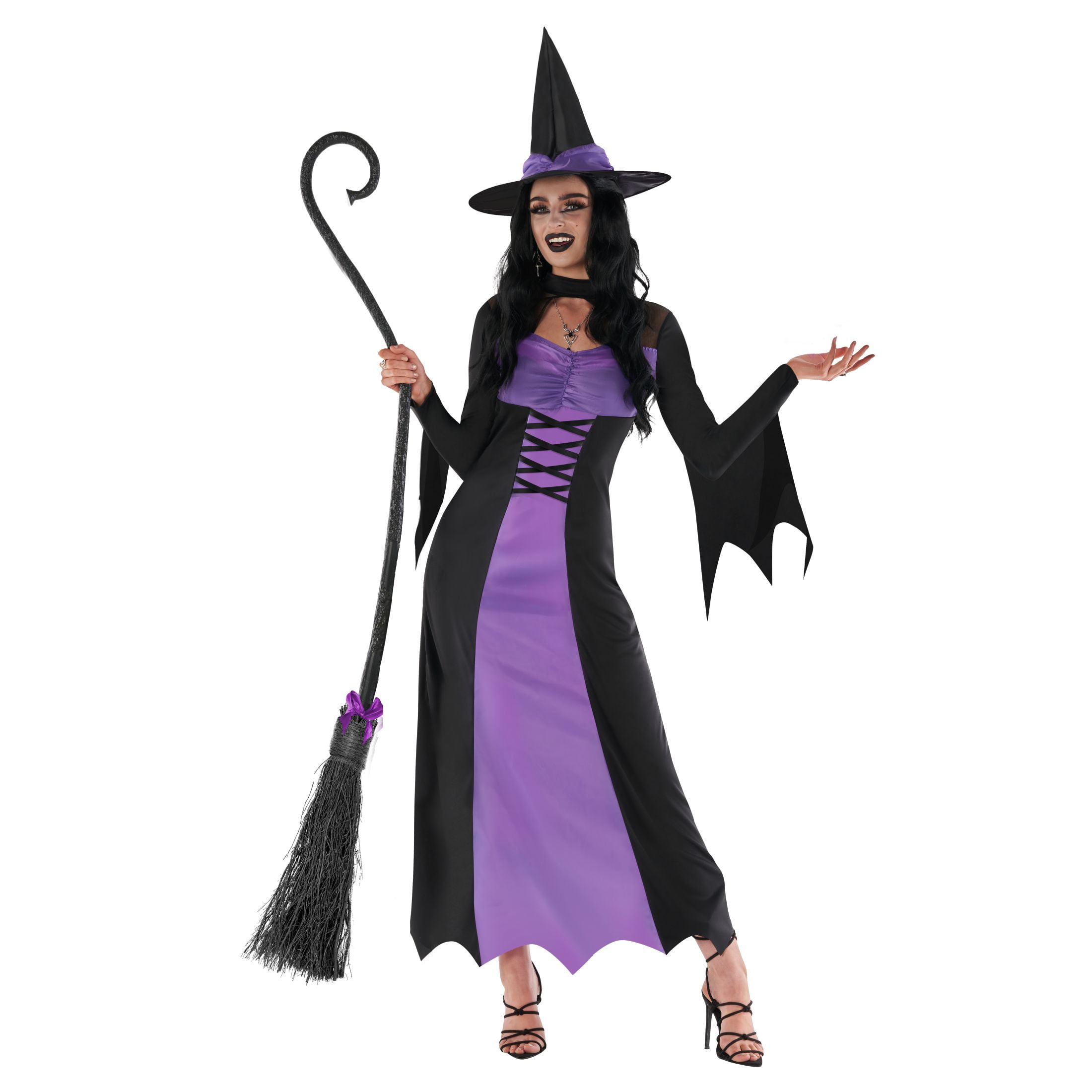 Morph Womens Long Purple Witch Costume & Hat Ladies Wicked Halloween Fancy Dress Halloween ...