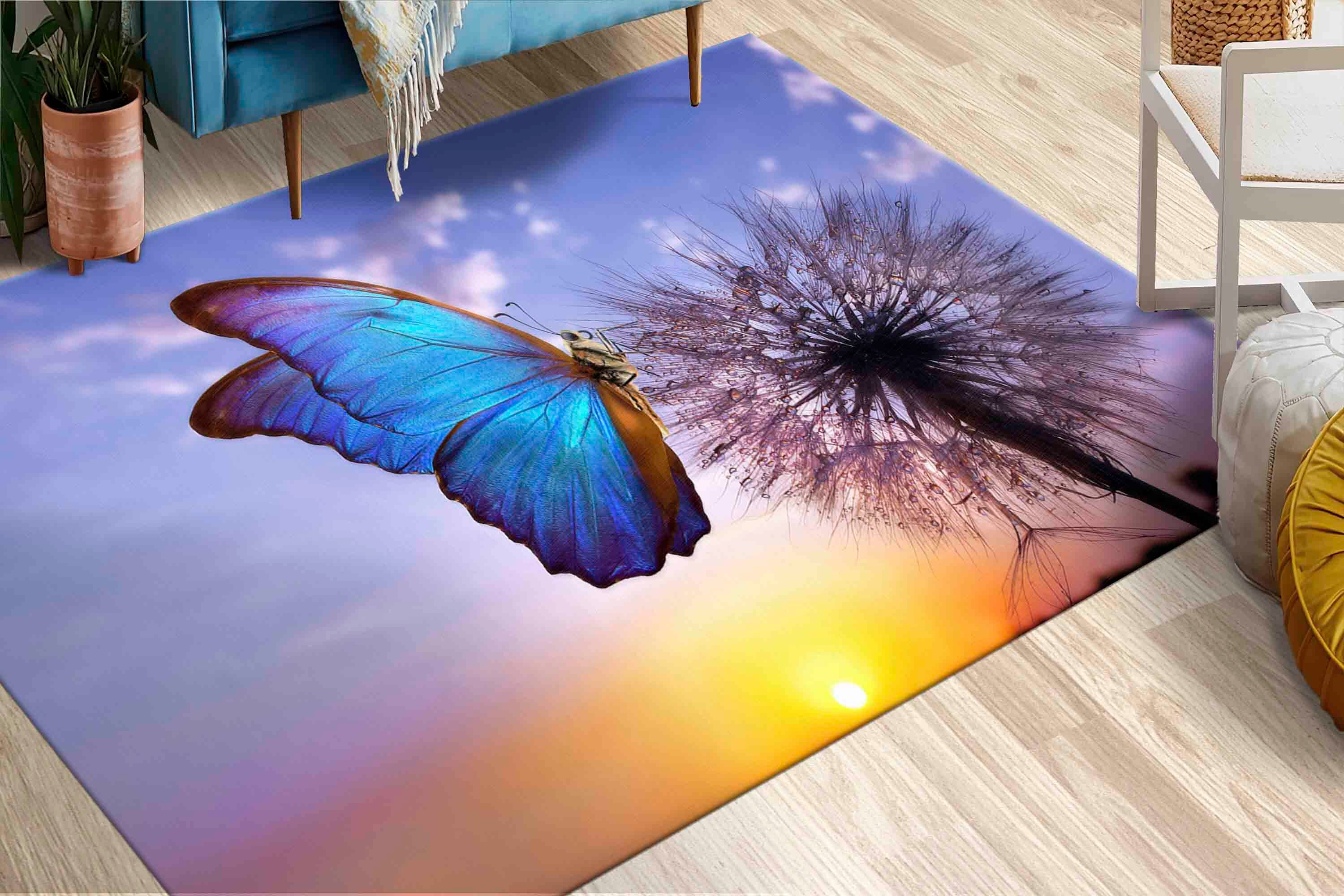 Morpho Butterfly and Dandelion Rug, Saloon Rugs, Butterfly Rug, Entry ...