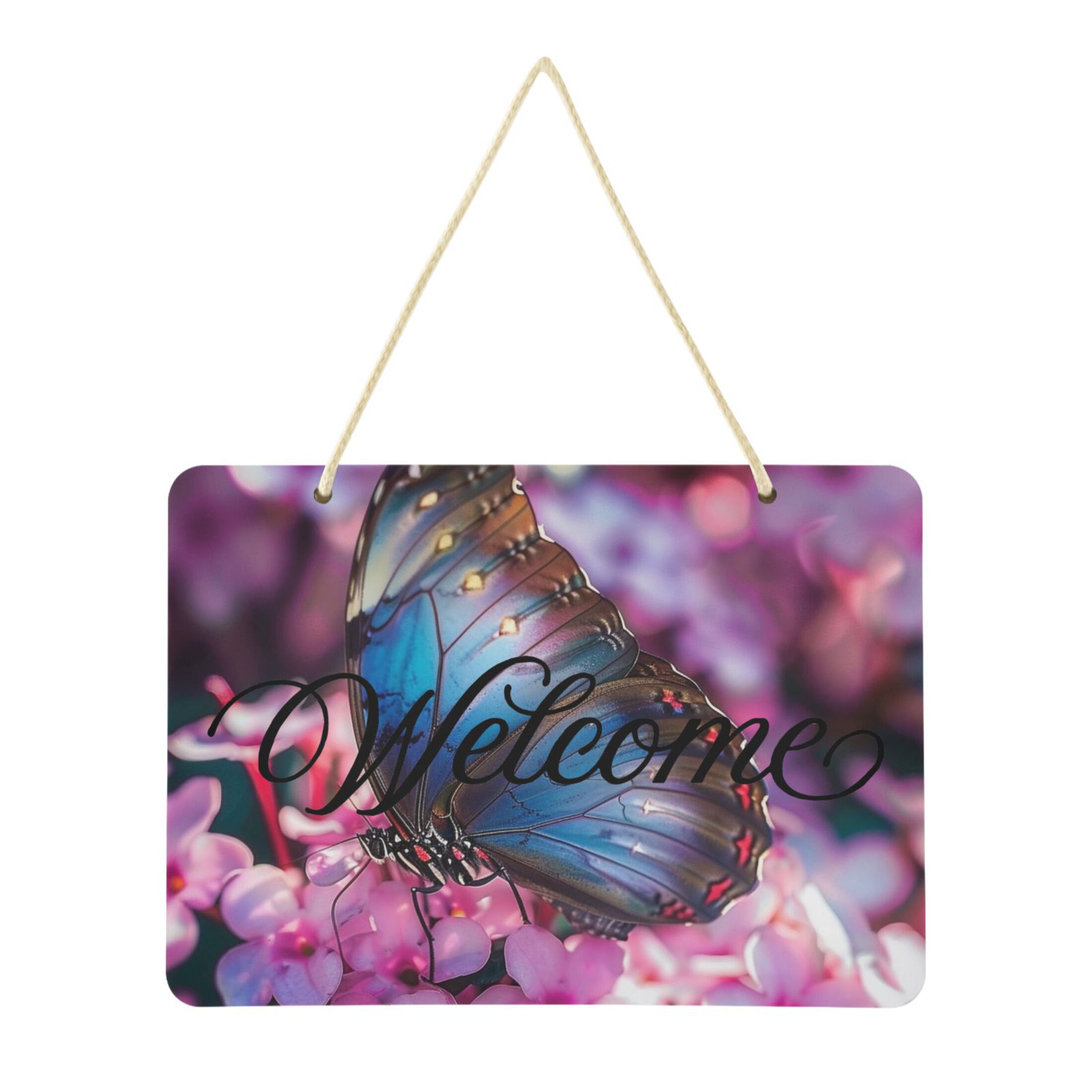 Morpho Butterfly on Flowers Welcome Sign Front Door PVC 14x10 inch ...
