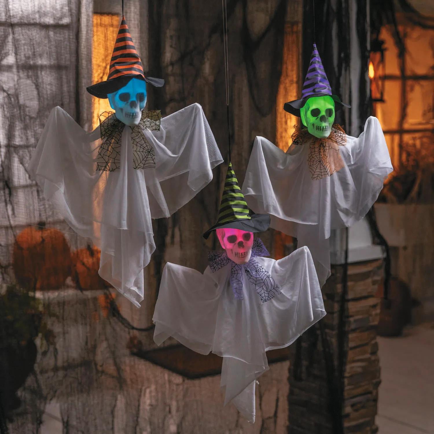 23 1/2" Hanging Light-Up Skeleton Face Ghosts with Witch Hats - Set of ...
