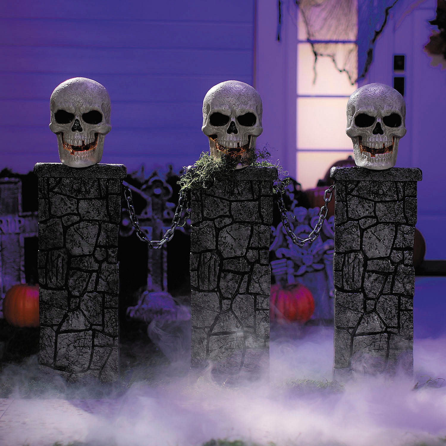 4 Ft. x 3 Ft. Light-Up Skull Pedestal Fence with Chains Halloween ...