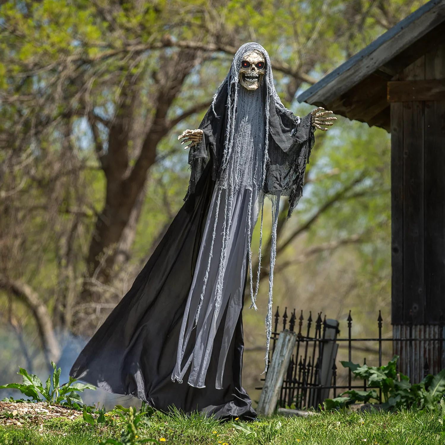 6 Ft. Black & Gray Skeleton Reaper Animated Prop Standing Halloween ...
