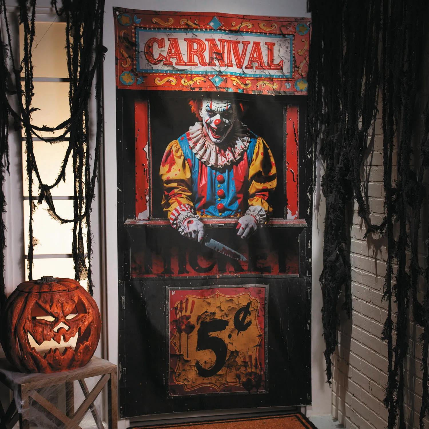 6 Ft. 6 3/4" Carnival Booth with Bloody Clown Door Curtain Halloween ...